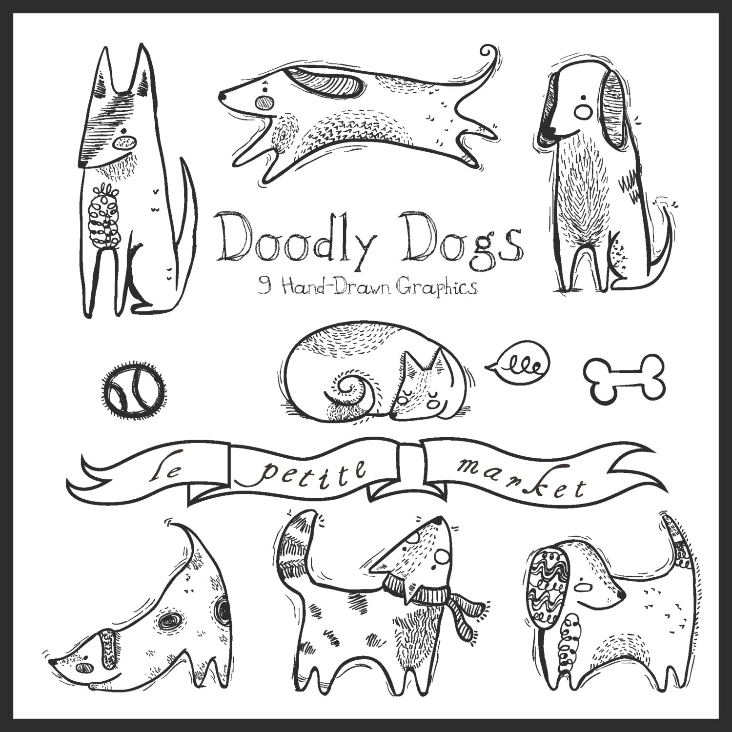 Doodly Dog Clipart, Hand-drawn Dog Illustration, Vector Graphics ...