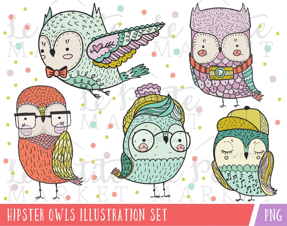 Cute Hipster Owls Clip Art, Nerdy Owls Clip Art, Hipster Owl Clipart ...