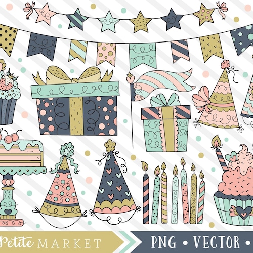 Birthday Clipart Party Clip Art Commercial Use Hand-drawn - Etsy