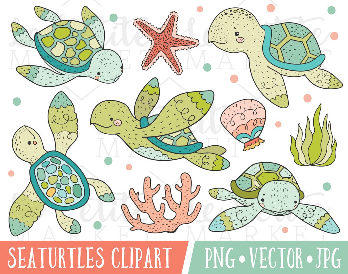 Hand Drawn Sea Turtle Clipart Set Sea Turtle Illustration - Etsy