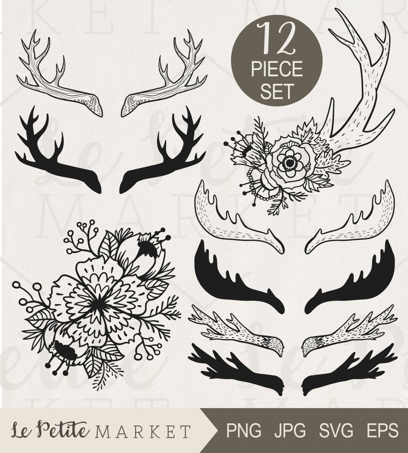 Antler and Flower Clipart Antler Clipart Rustic Antlers - Etsy