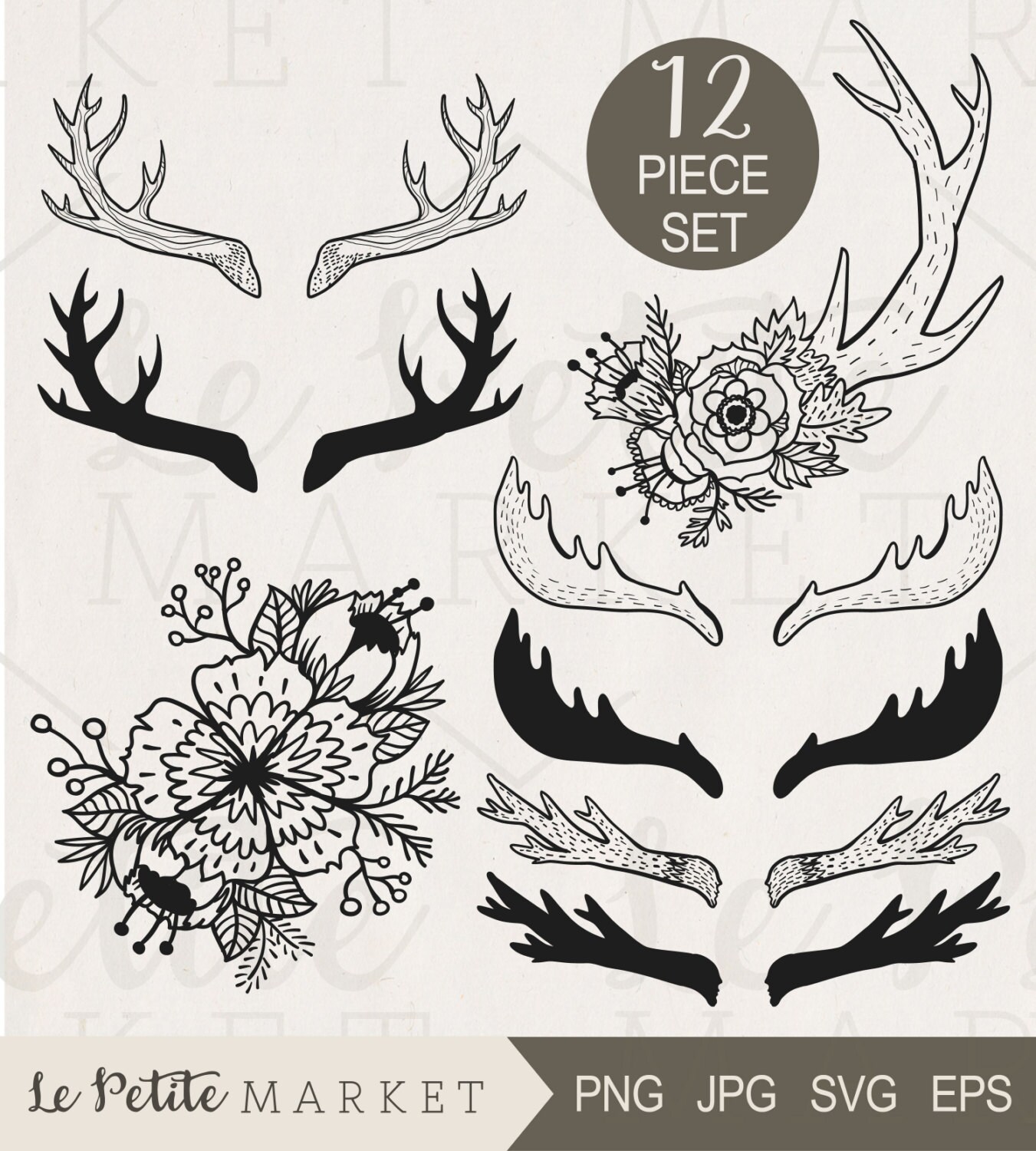 Antler and Flower Clipart Antler Clipart Rustic Antlers | Etsy