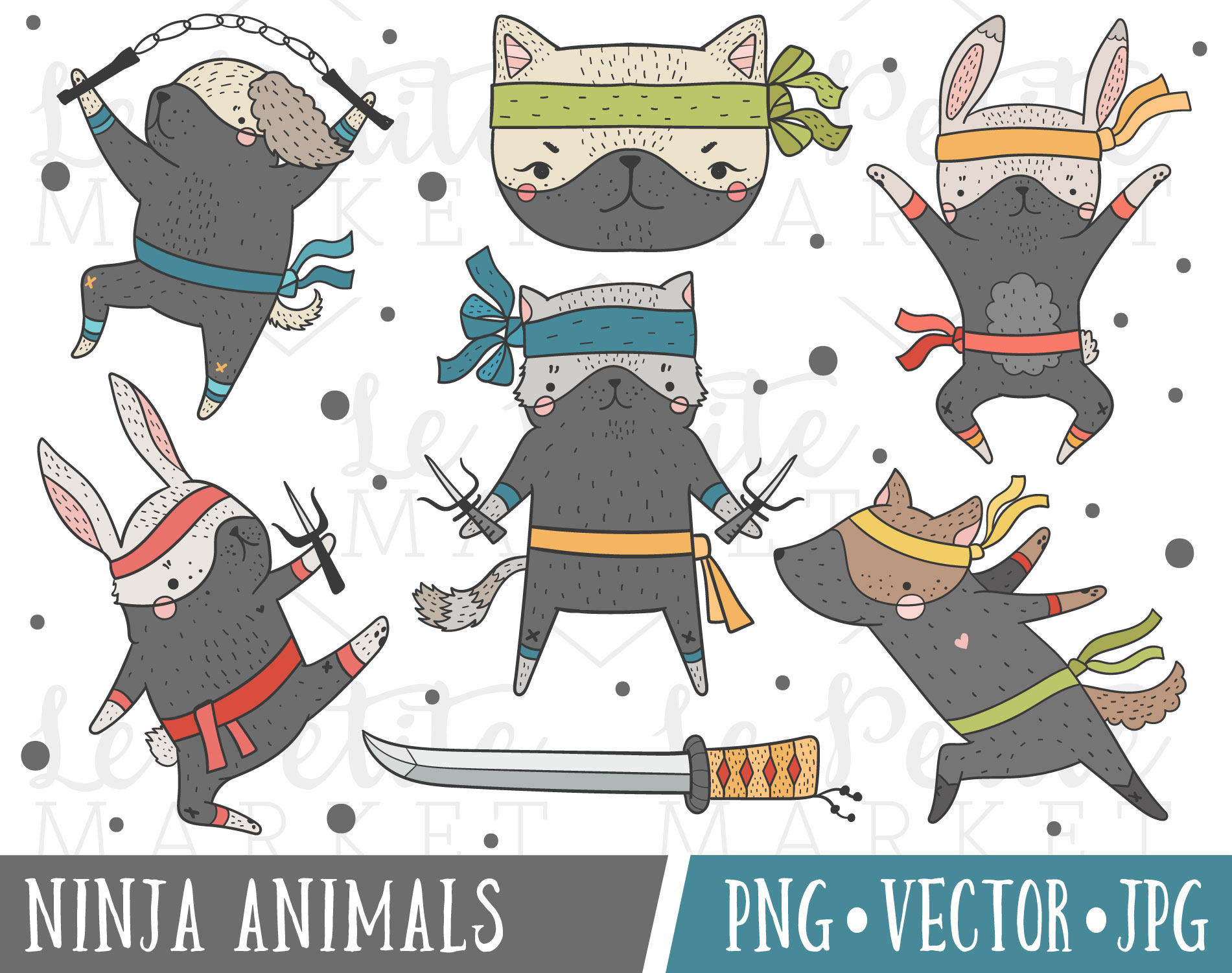 Animal Ninja Clipart Images Ninja Party Ninja Dog Ninja Cat | Etsy