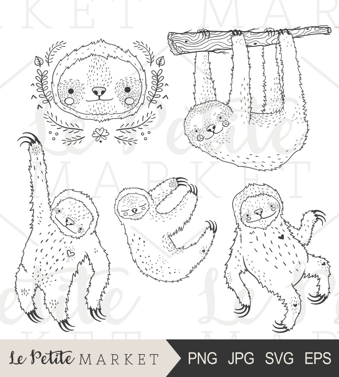 Hand Drawn Sloth Clip Art, Cute Sloth Clipart, Cute Sloth Digital Stamp ...