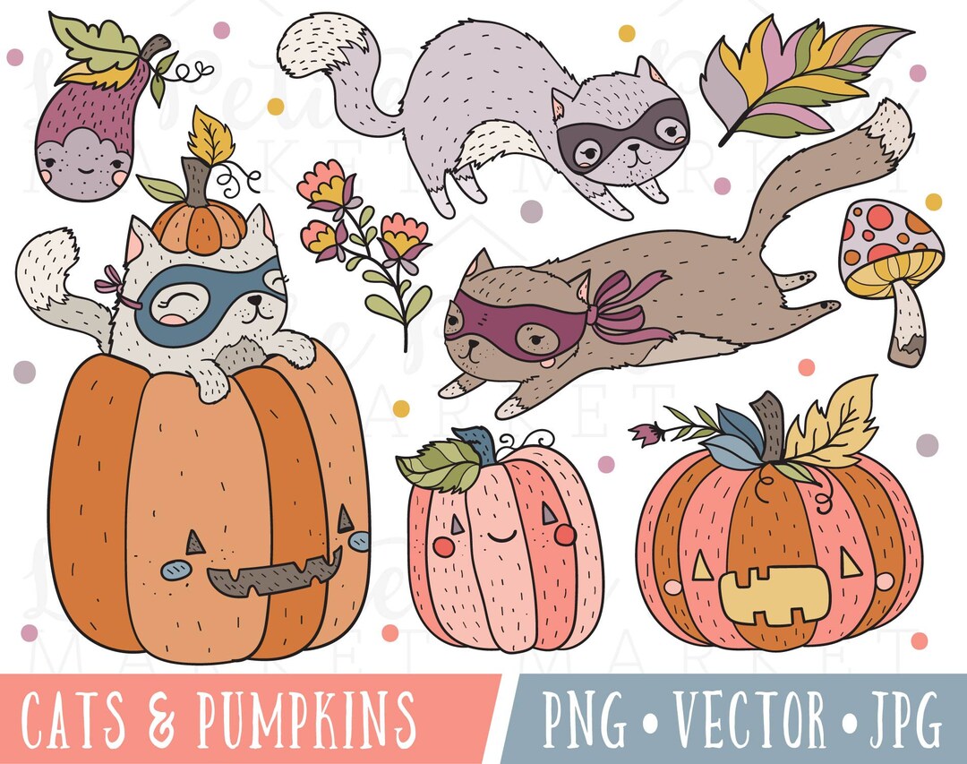 Cute Autumn Cats Clipart, Fall Cat Clipart Images, Cute Cats With ...
