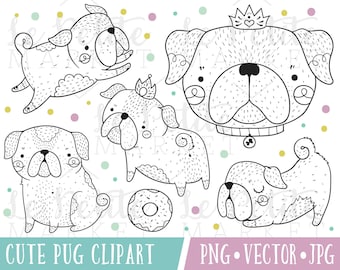 Kawaii Pug Clipart Images Cute Pug Illustration Set | Etsy