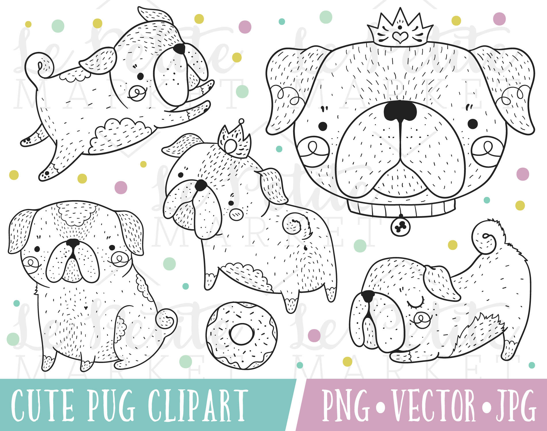 Hand Drawn Pug Digital Stamps Cute Pug Clipart Images Pugs | Etsy