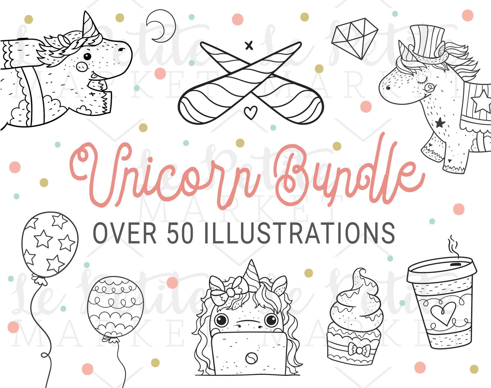 Unicorn Digital Stamp Bundle, Kawaii Unicorn Clipart Bundle, Unicorn ...