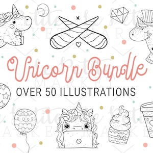 Unicorn Digital Stamp Bundle, Kawaii Unicorn Clipart Bundle, Unicorn ...