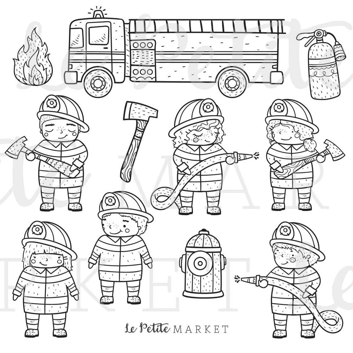 Cute Firefighter Clip Art Illustration Set Cute Firetruck - Etsy