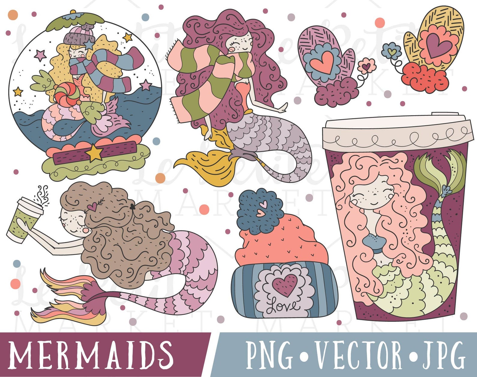 Cute Mermaid Clip Art, Pretty Mermaid Clipart, Winter Mermaids ...