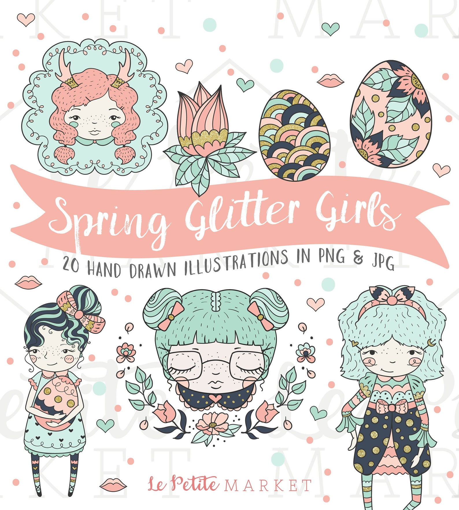 Spring Fashion Easter Clipart Set, Navy Blush Pink Gold Mint, Floral ...