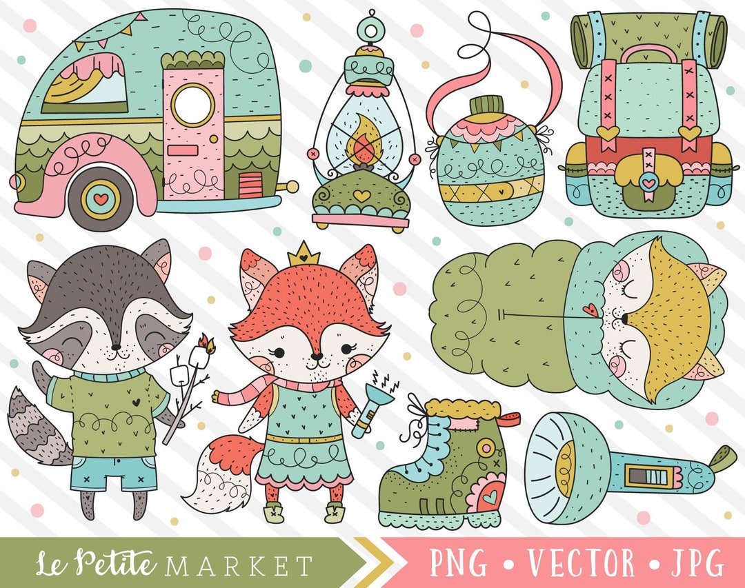 Woodland Camping Clipart Set, Cute Forest Creatures Clip Art, Fox ...