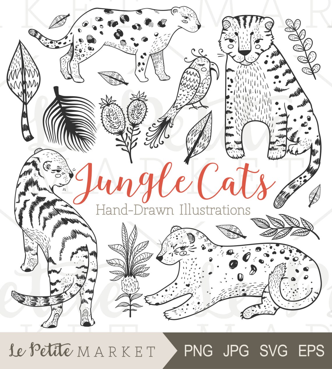 Hand Drawn Jungles Cats Jungle Cat Clip Art Tiger Clipart | Etsy