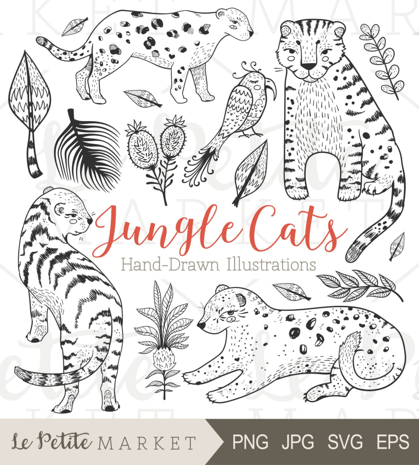 Hand Drawn Jungles Cats Jungle Cat Clip Art Tiger Clipart | Etsy