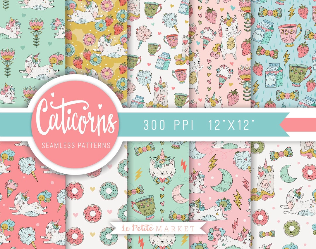 Cat Digital Paper Pack, Kawaii Unicorn Cat Seamless Patterns, Caticorn ...