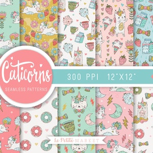 Cat Digital Paper Pack Kawaii Unicorn Cat Seamless Patterns | Etsy