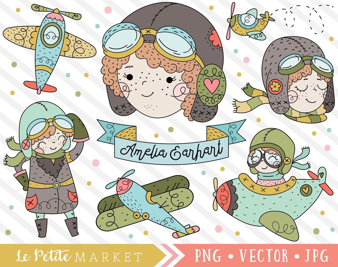 Amelia Earhart Clipart Set, Cute Aviator Clipart, Flying Clip Art ...
