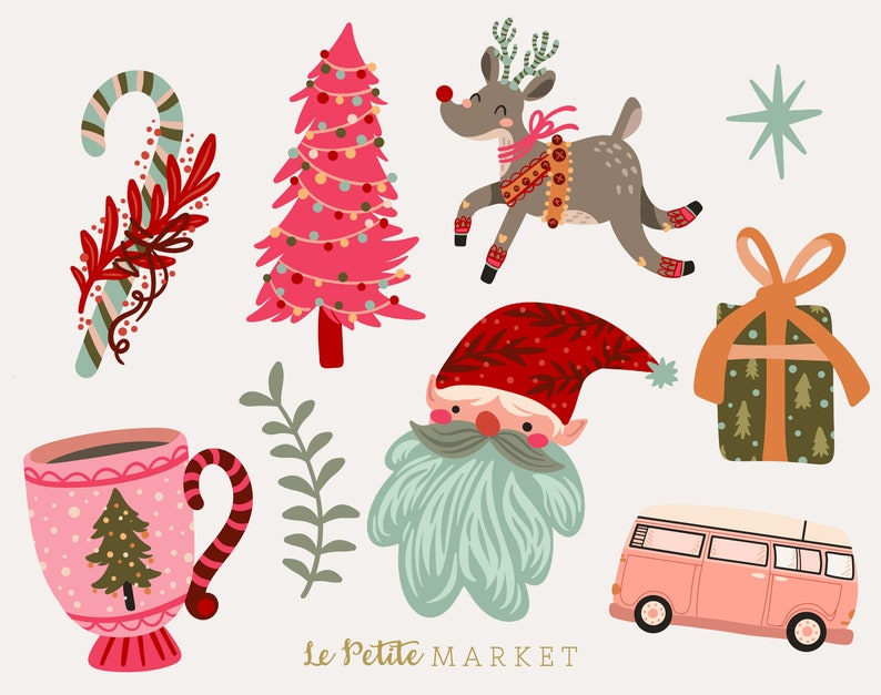 Retro Christmas PNG Clipart Pink Santa Claus Png Merry and - Etsy