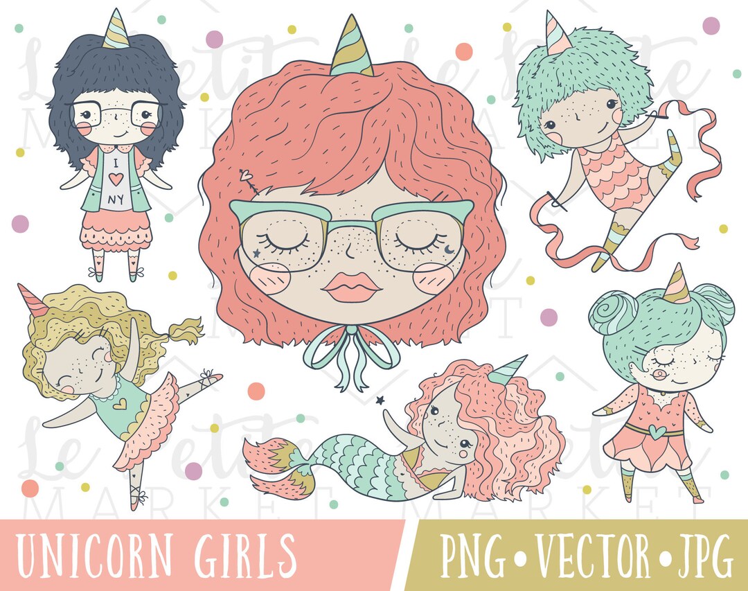 Cute Girl Unicorns Clipart Set, Magical Girl Power Clipart Images ...