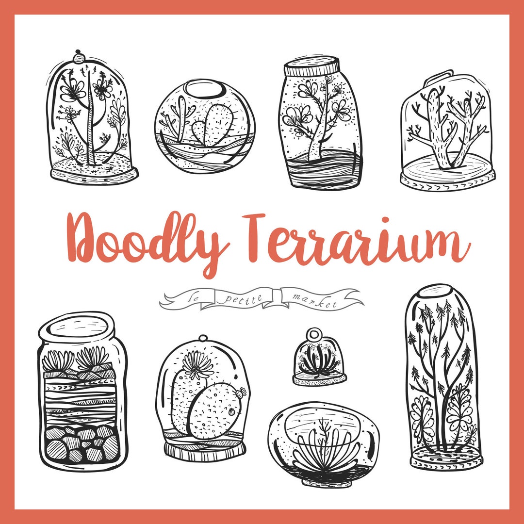 Cute Hand Drawn Digital Terrarium Clipart, Plant Cactus Cacti Flower ...
