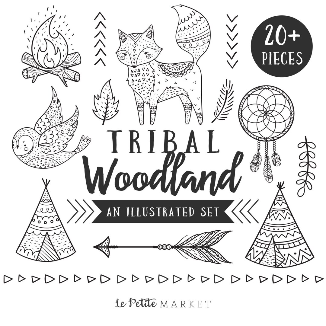 Hand Drawn Tribal Woodland Clip Art, Tribal Animal Clip Art, Woodland ...