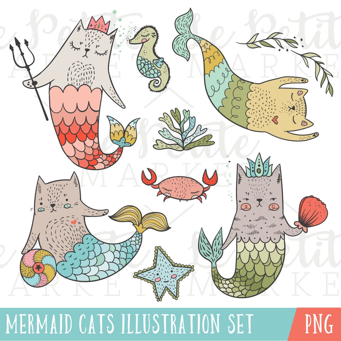 Mermaid Cats Clip Art Set Mer-cats Clip Art Mermaid - Etsy