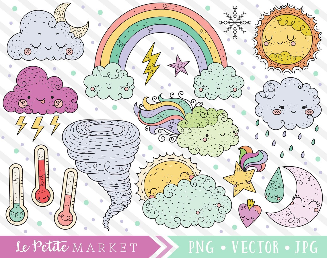 Cute Weather Clipart Set Sun Rainbow Clipart Tornado - Etsy