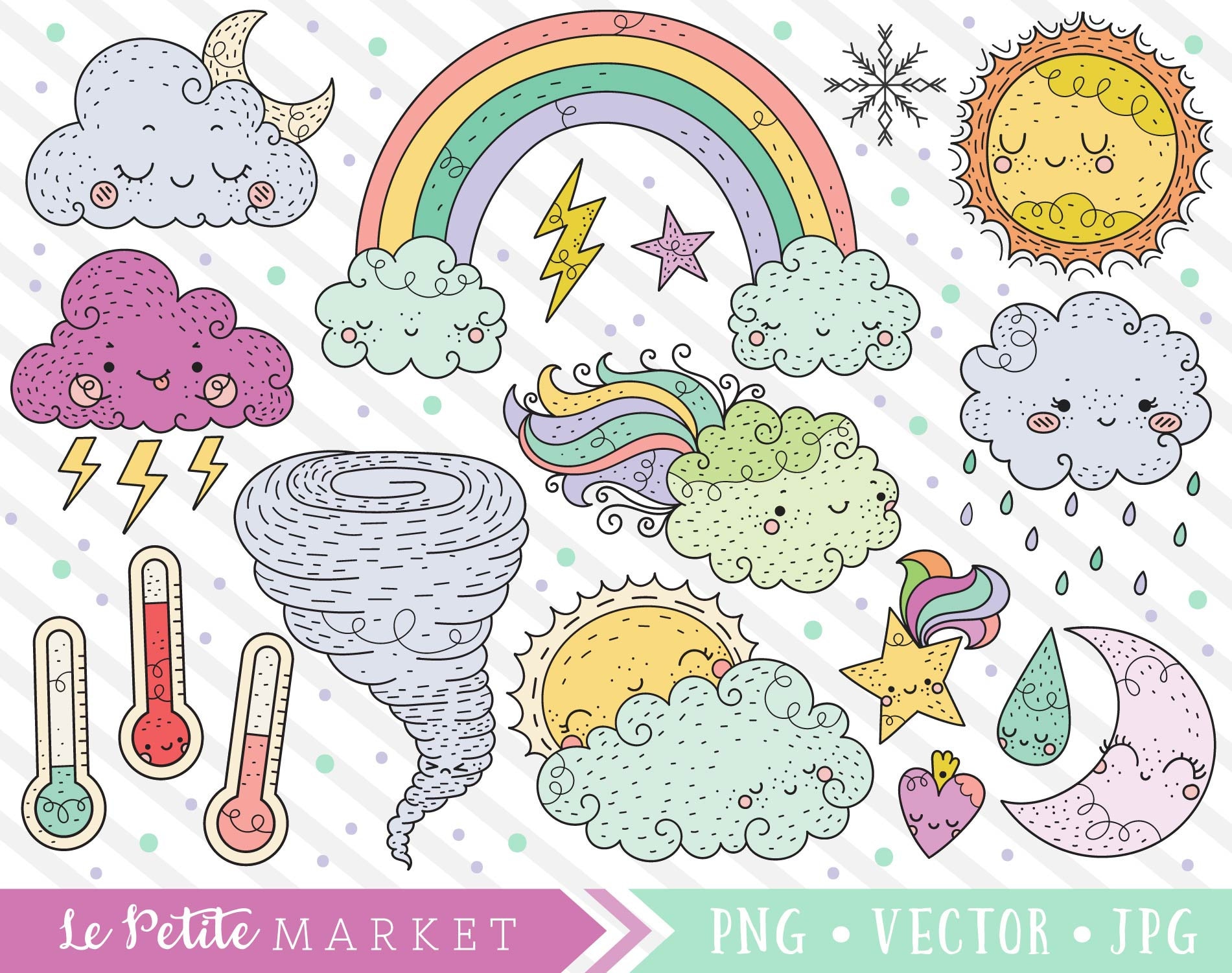 Cute Weather Clipart Set Sun Rainbow Clipart Tornado | Etsy