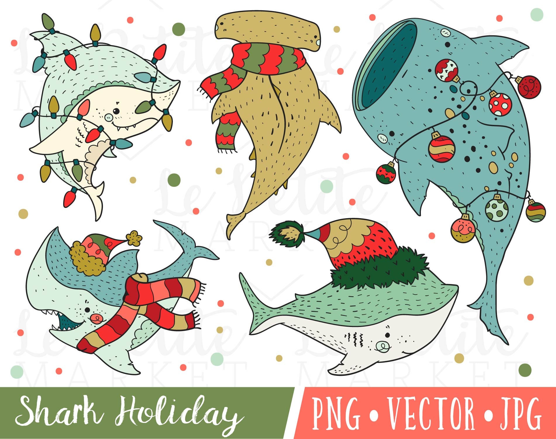 Cute Holiday Shark Clipart Illustrations, Shark Christmas Clipart ...