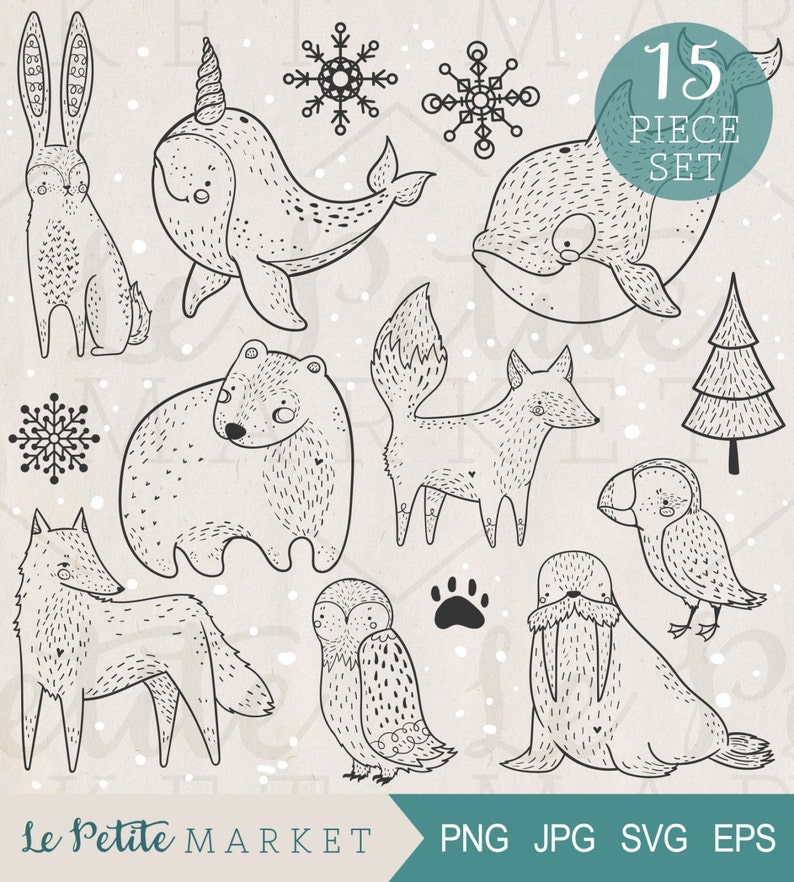 Hand Drawn Arctic Animal Clip Art Set, Arctic Animals Illustration Set ...