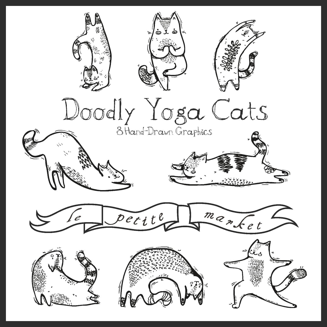 Hand Drawn Digital Yoga Cat Clipart, Yoga Illustration, Cute Cat Yoga ...