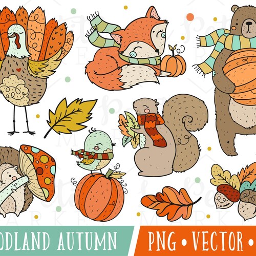 Cute Woodland Thanksgiving Clipart Images Cute Autumn - Etsy