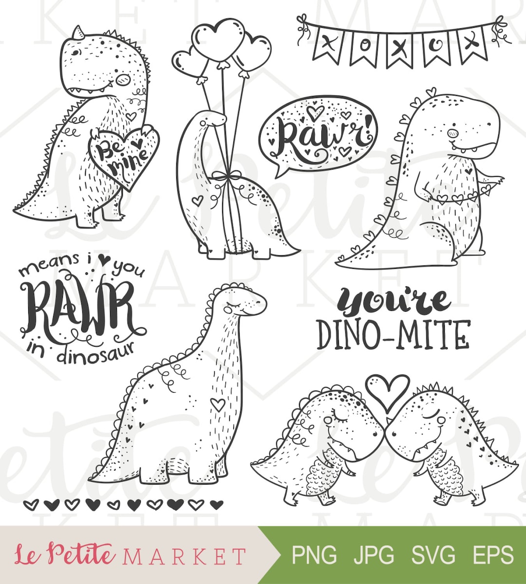 Valentine Dinosaur Clip Art Set, Valentine Illustrations, Valentine ...