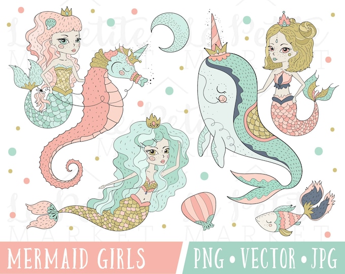 Cute Mermaid Clipart PNG, Mermaid Princess Instant Download ...