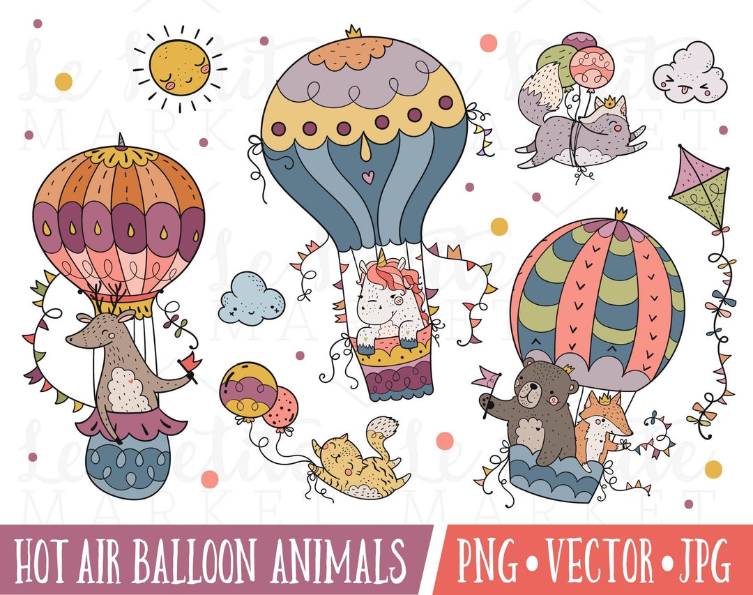 Hot Air Balloon Illustration Set, Hot Air Balloon Animals Clipart ...