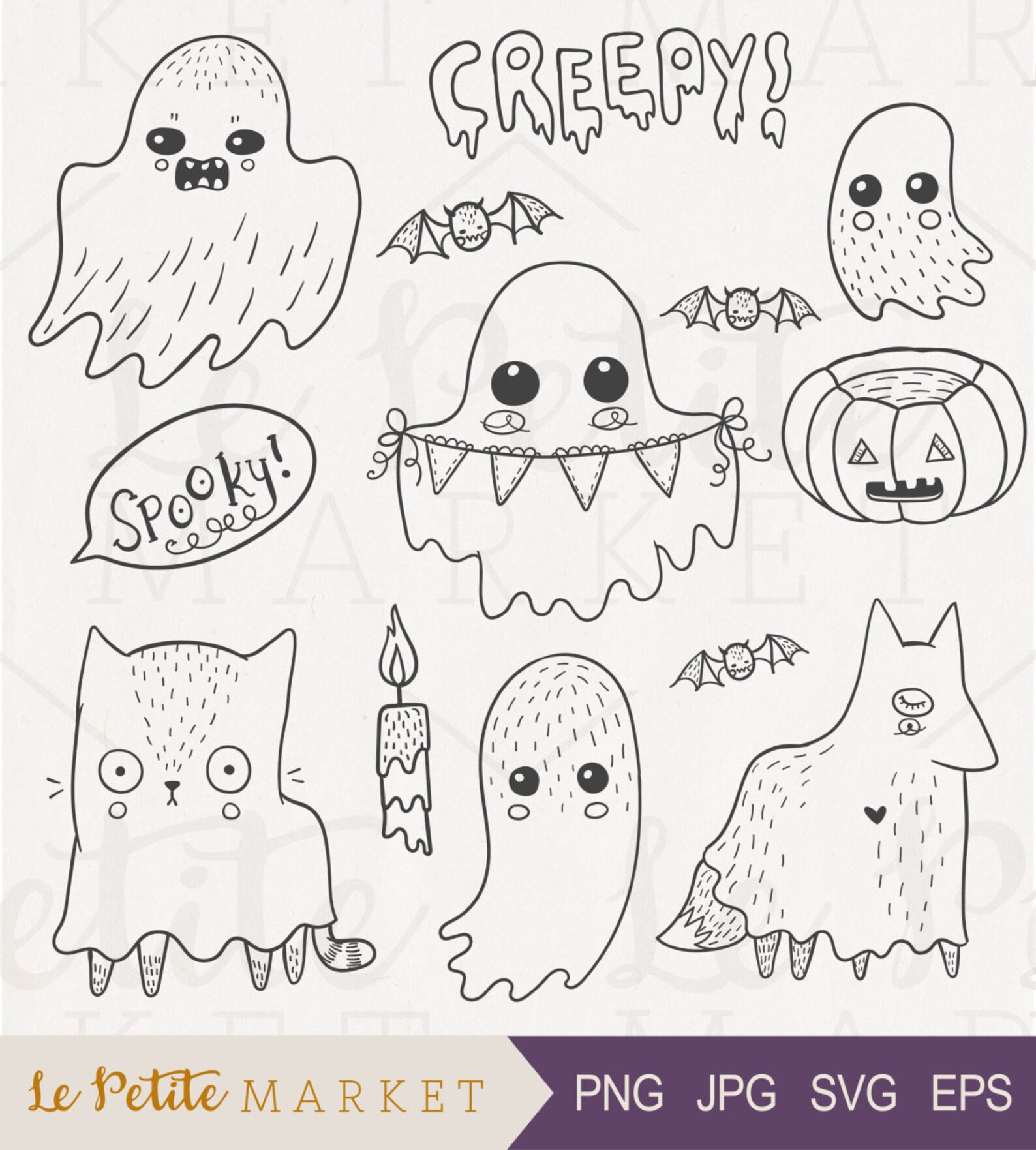 Hand Drawn Ghost Clip Art Set, Hand Drawn Ghost Clipart Set, Hand Drawn ...