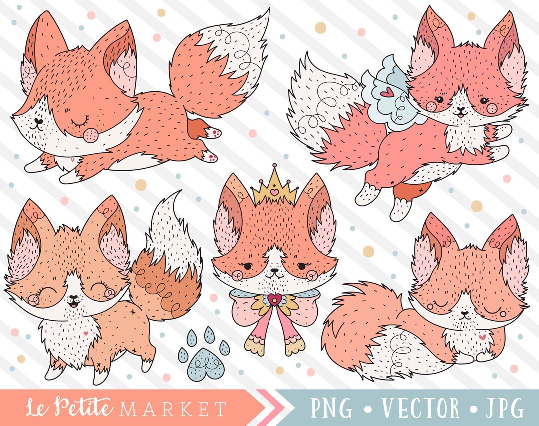 Sweet Fox Illustrations, Cute Fox Clipart, Kawaii Fox Clip Art, Fox ...