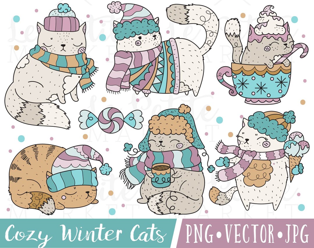 Cute Cat Clipart Images for Winter, Holiday Cat Clipart, Cute Cat ...