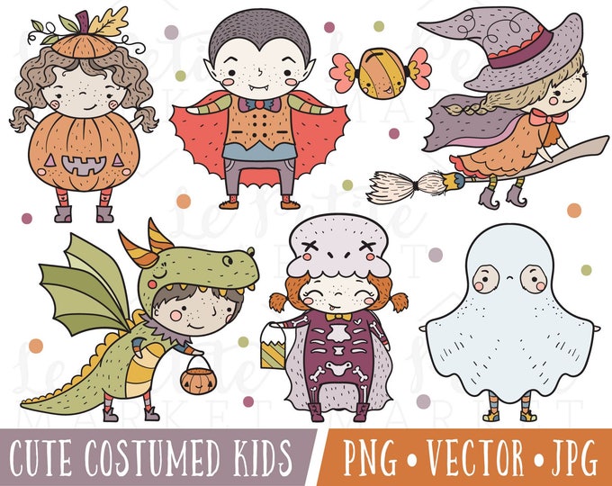20+ Cute Cartoon Kids in Halloween Costume Clipart Bundle | Kids ...