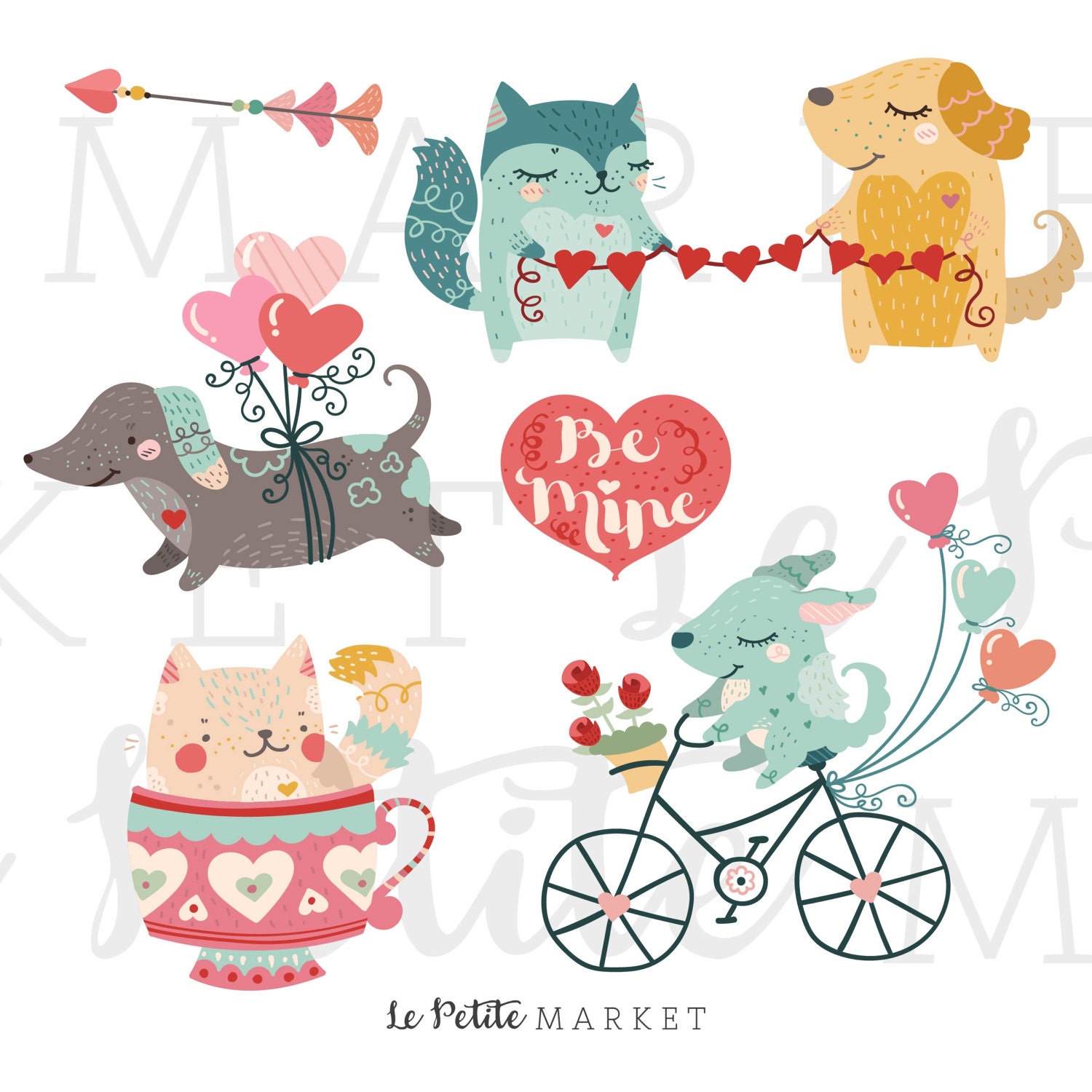 Cute Animal Valentine Clip Art Cat Valentine Clip Art Dog - Etsy