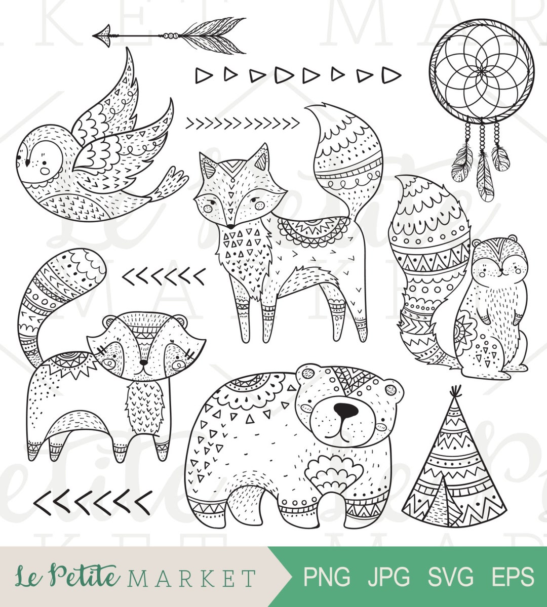 Doodle Tribal Woodland Clip Art, Tribal Animal Clip Art, Woodland Clip ...