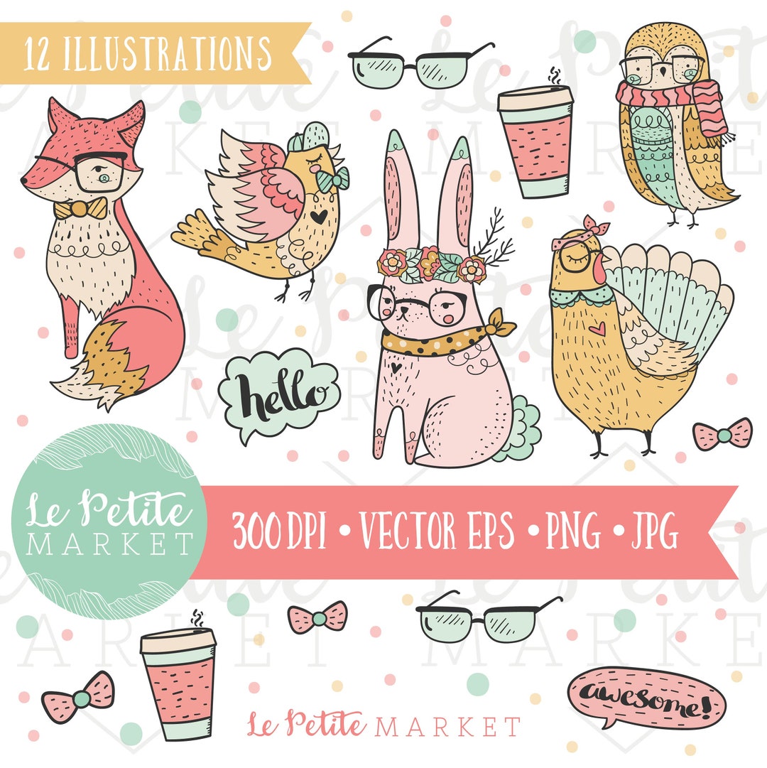Cute Spring Hipster Animals Clip Art Set, Hipster Fox, Hipster Owl ...