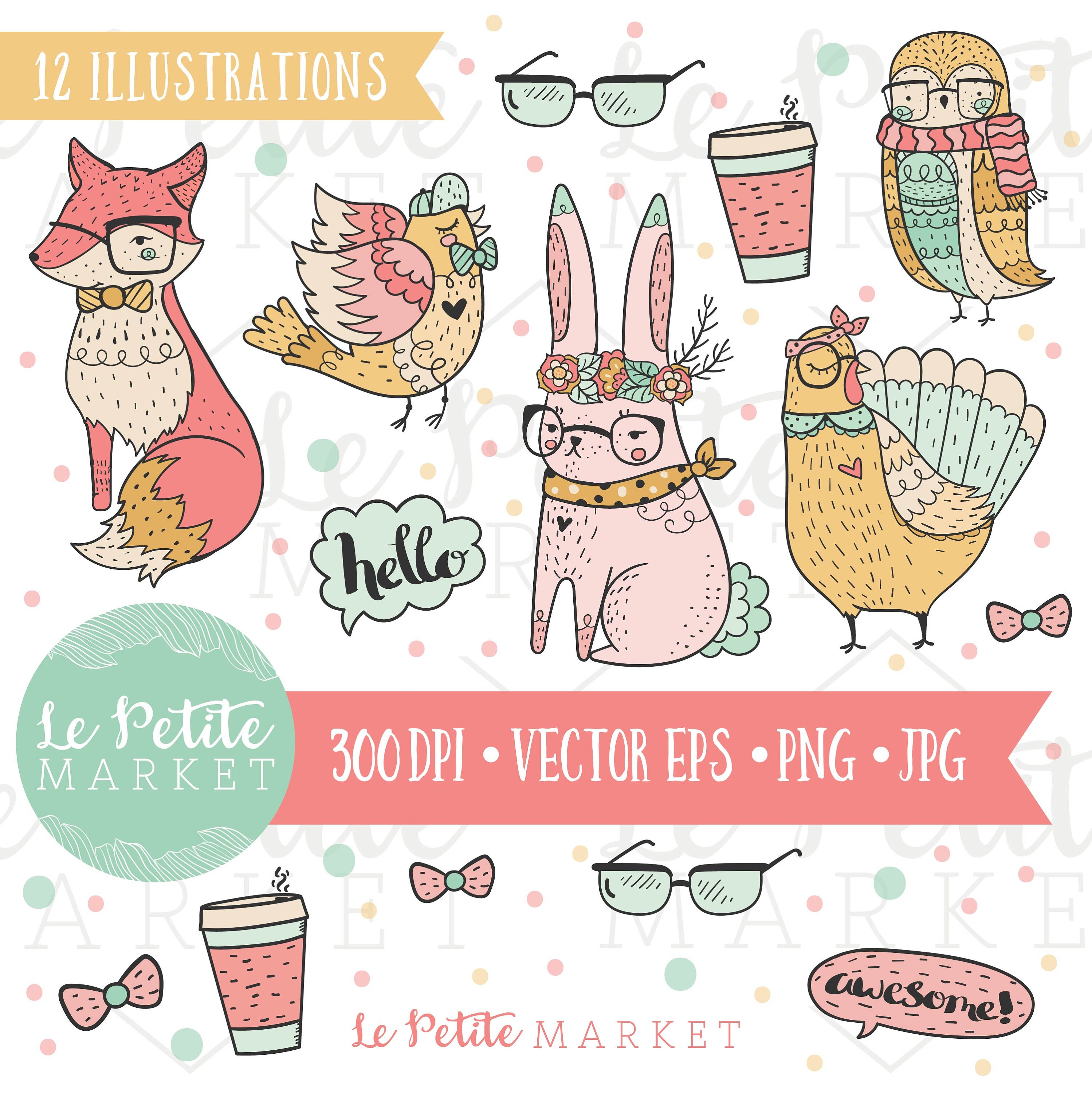 Cute Spring Hipster Animals Clip Art Set Hipster Fox Hipster | Etsy