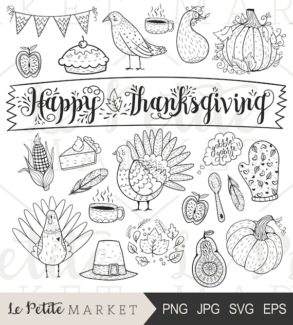 Thanksgiving Clipart Cute Hand Drawn Thanksgiving Clip Art | Etsy