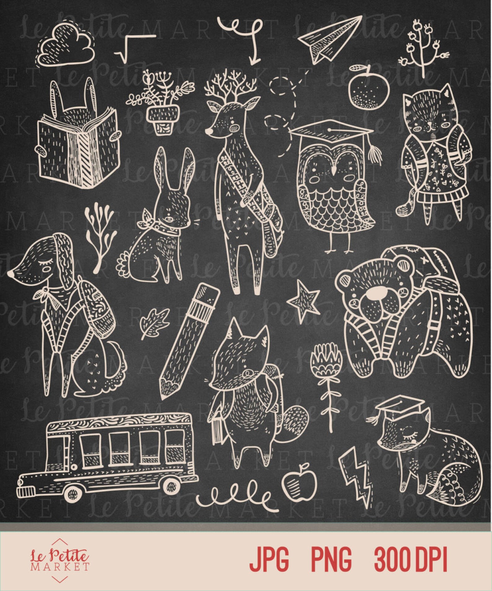 School Animals Clipart Images Black and Chalkboard Doodles - Etsy