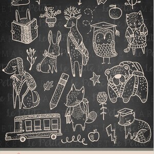 School Animals Clipart Images, Black and Chalkboard Doodles, Woodland ...