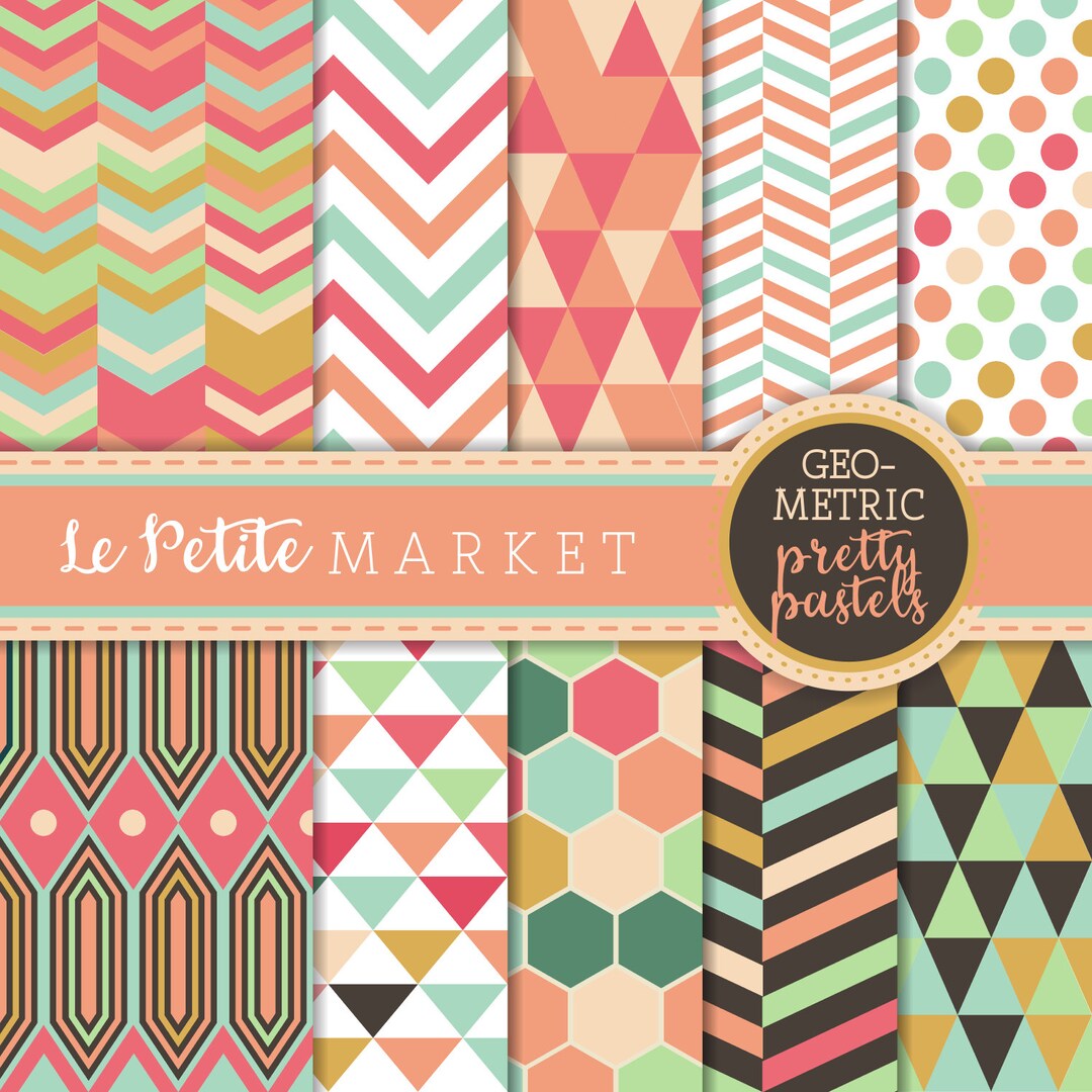 Geometric Pastel Digital Paper, Mint Pink Gold, Birthday Printable ...