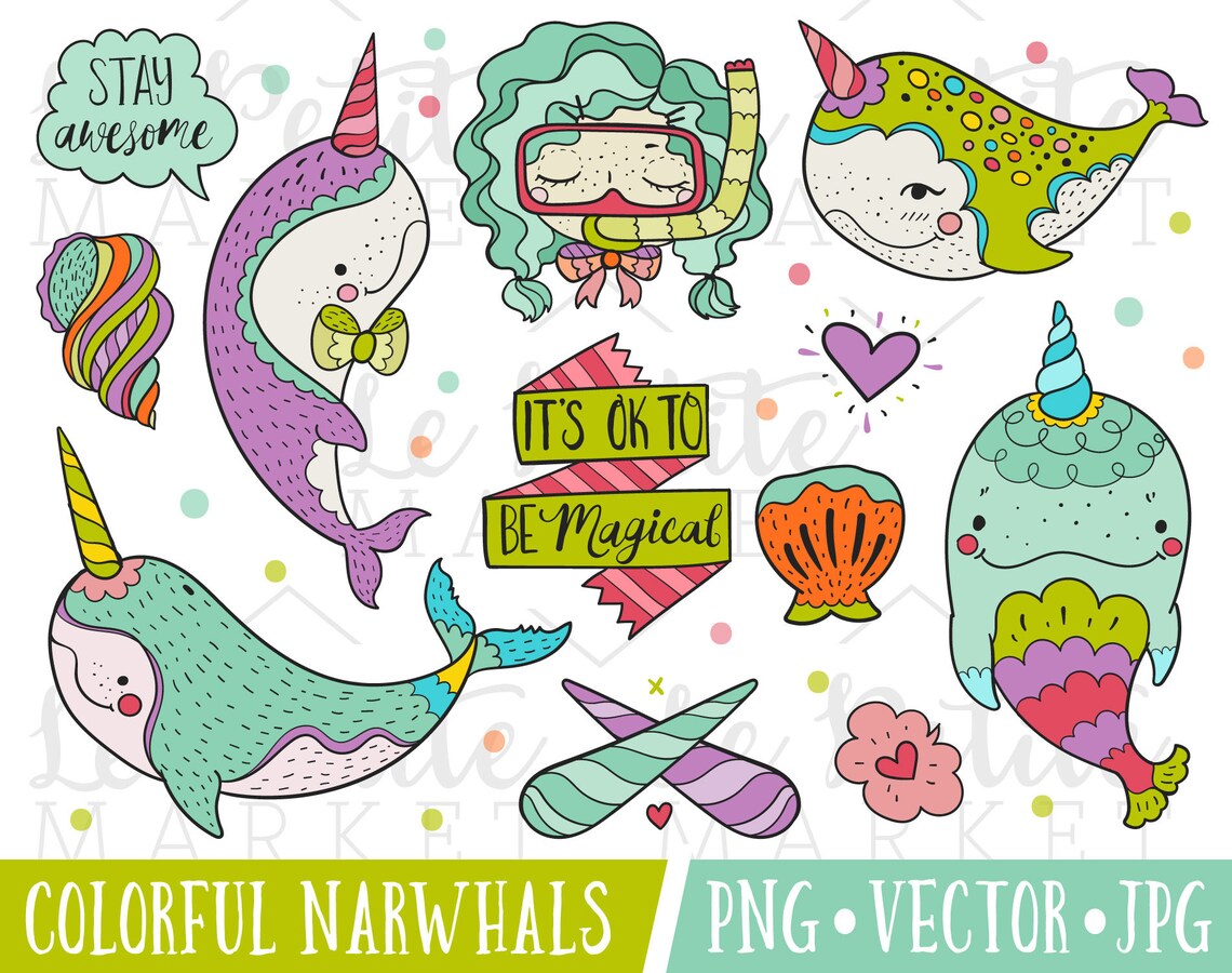 Narwhal Illustration Set, Cute Narwhal Clipart Set, Colorful Narwhal ...