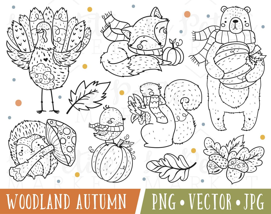Hand Drawn Thanksgiving Digital Stamps Cute Woodland Digital - Etsy